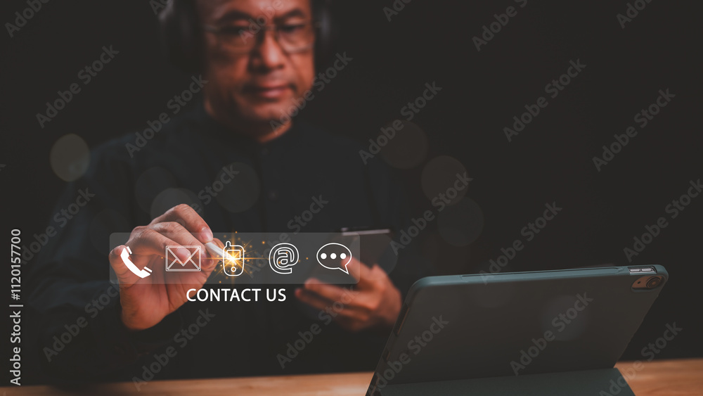 portrays man using tablet and phone, with contact icons illustrating ...