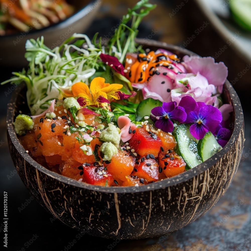 Tropical Poke Bowl Delight Beachside Cafe Food Natural Setting Close-up ...