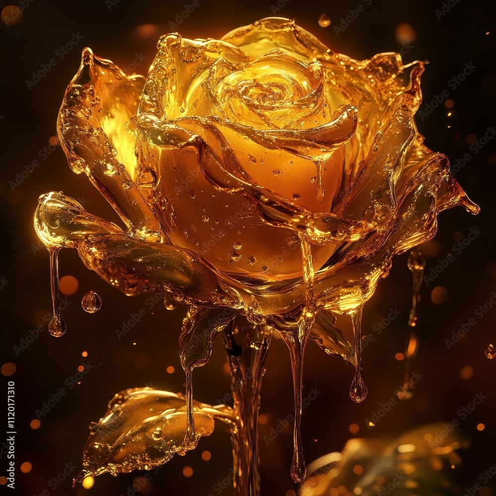 Liquid Gold Rose Dripping Petals in a Melodic Garden Setting Capturing ...