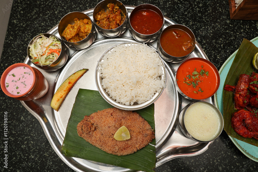 Goa Goan Fish Thali rice served with rawa fried seer fish, Sol Kadi ...