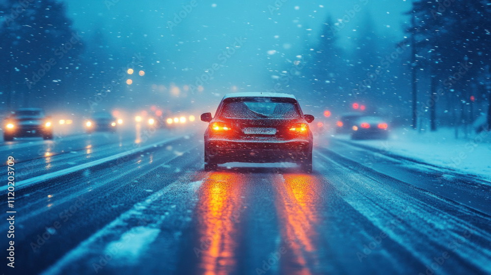 Cars navigate a multi-lane highway during a snowstorm, with visibility ...