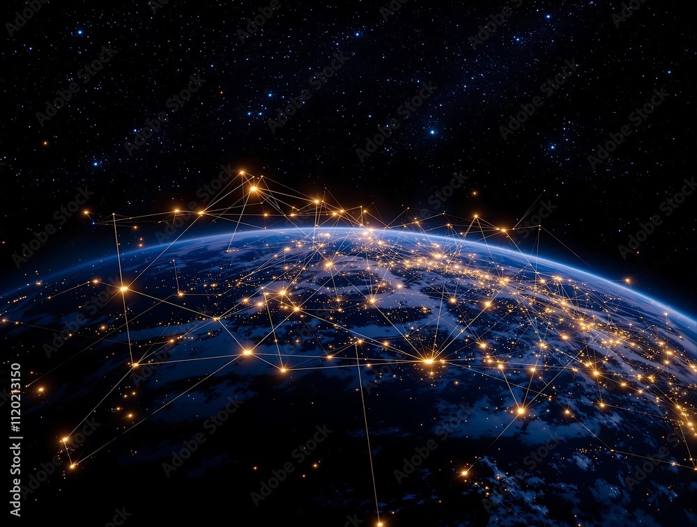 Night planet earth from space with light lines of communication and ...