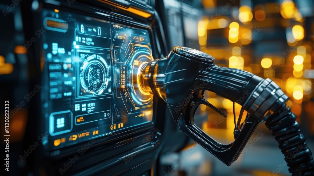 A futuristic fuel dispenser with a high-tech interface, glowing ...