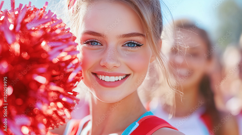 Smiling Young Cheerleader in Red, White and Blue Uniform Holding Red ...