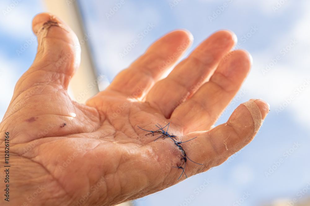 Wound healing visualization of hand with laceration and stitches ...