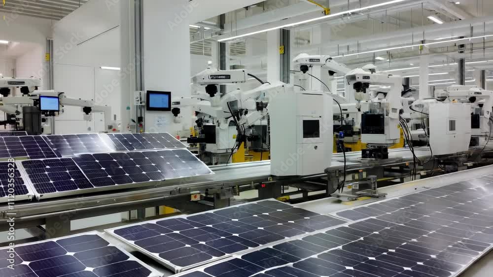 High-tech manufacturing of solar panels inside a modern factory setting ...