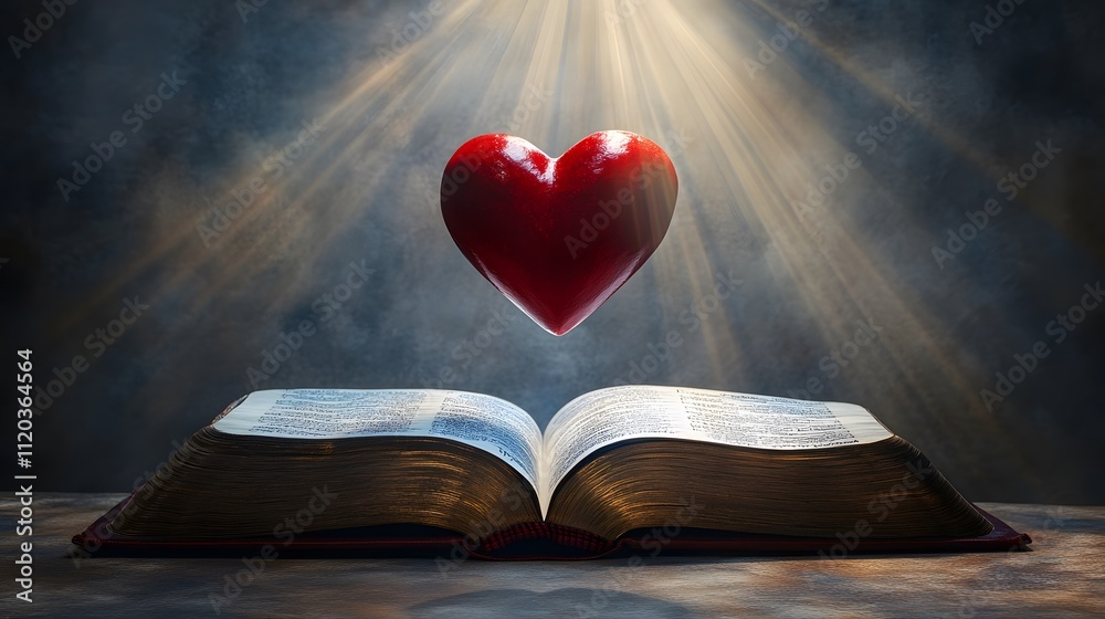 Heart Symbol Above Opened Book Under Illuminating Light Beams ...