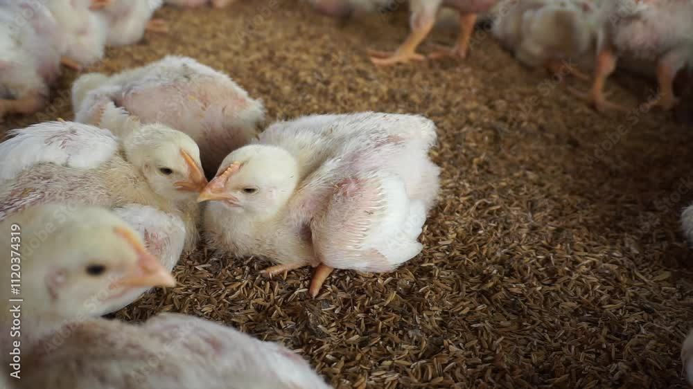 Broiler chicks on a small poultry farm, Group of small broiler chickens ...