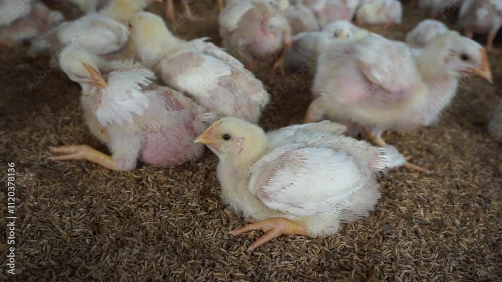 Broiler chicks on a small poultry farm, Group of small broiler chickens ...