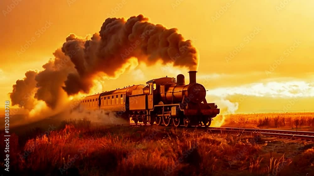 Ancient steam train driving in sunset light silhouette. Coal powered ...