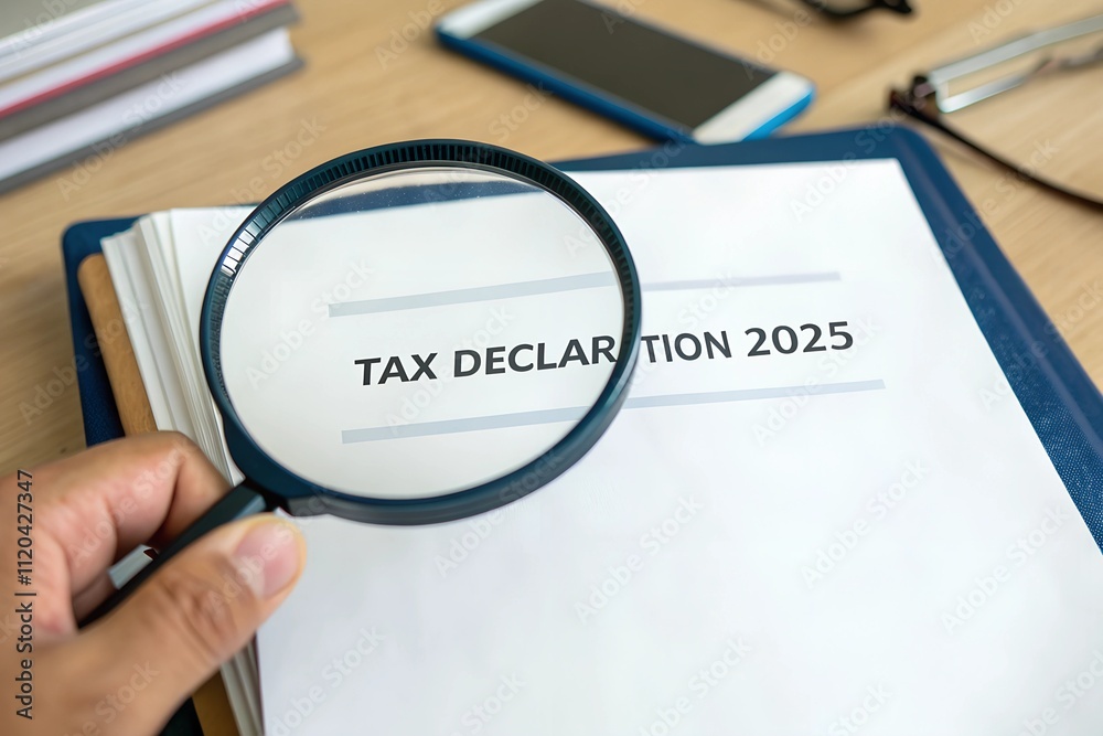 Hand holding a magnifying glass over a document titled "Tax Declaration ...