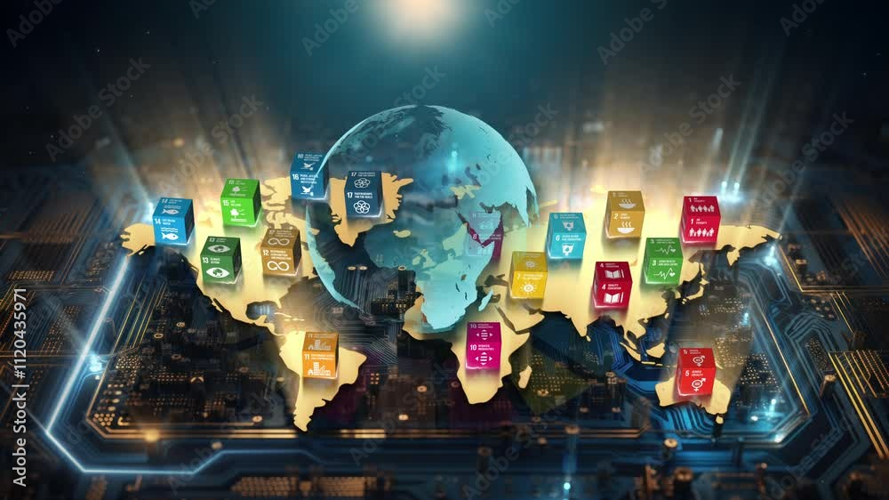17 SDGs Global Goals World Map Digital Benefits circuit board Concept ...