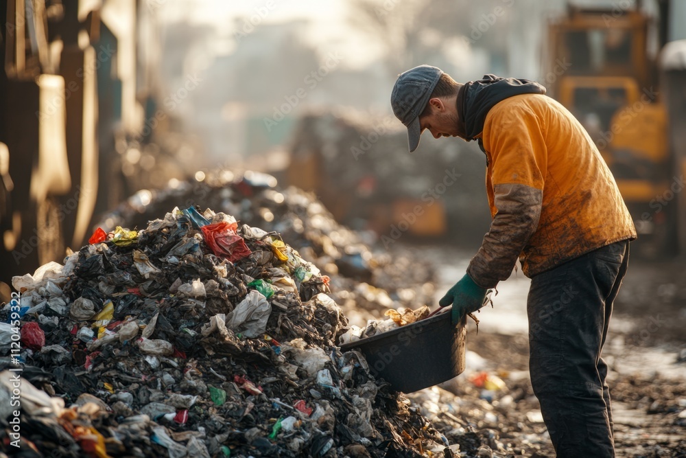 Waste collector looking for recyclable items in a pile of garbage ...