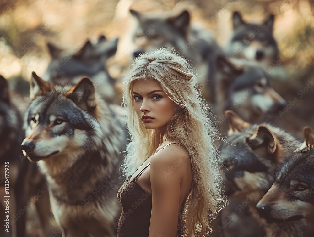 Beautiful young blonde and wild girl stands in front of wolves Stock ...