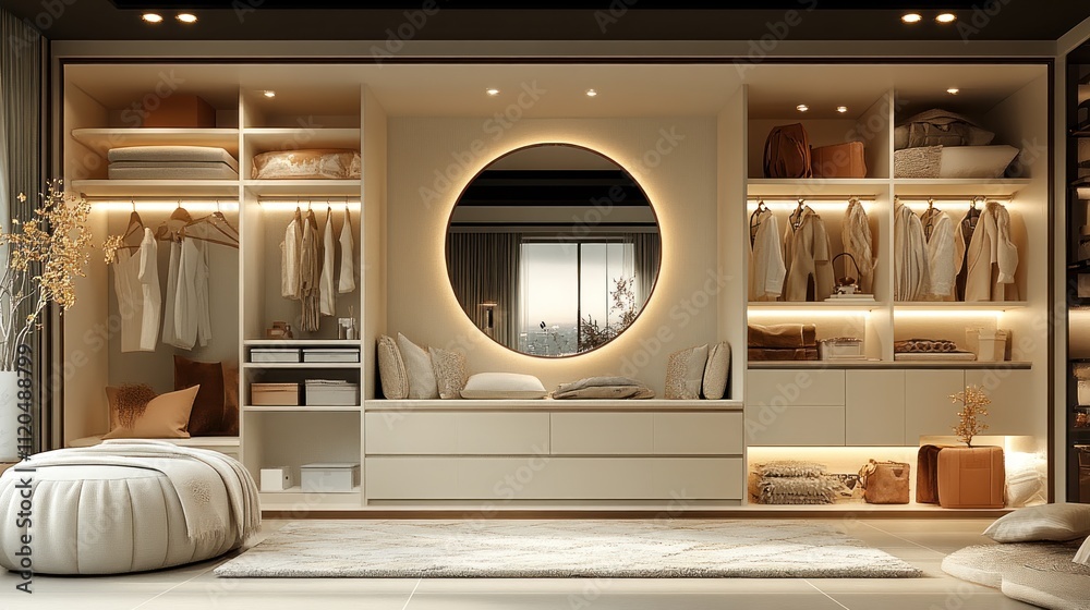 Modern minimalist walk-in closet with built-in storage, LED lighting ...