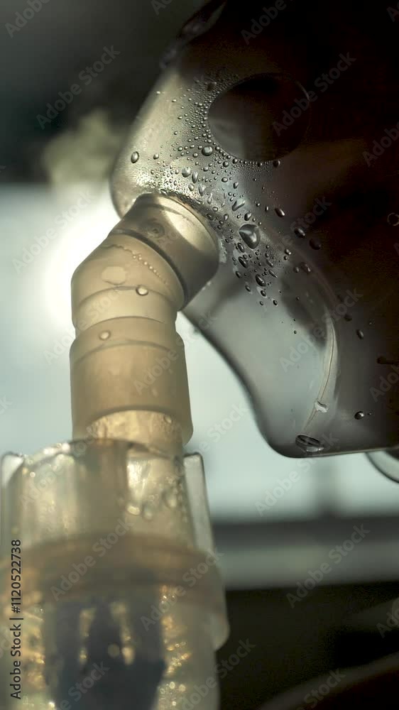 Vertical: Close-up of the process of inhalation of the lungs using an ...