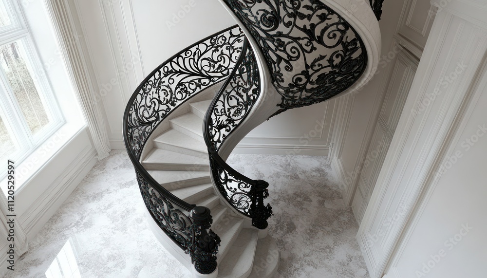 Spiral staircase inside a temple, designed with ornate black-and-white ...