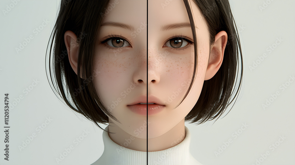 Realistic 3D Female Portrait, Before & After Skin Tone Adjustment Stock ...