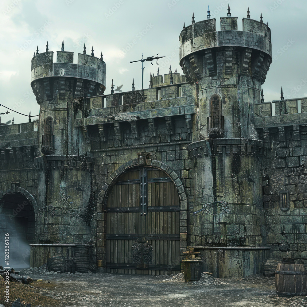 A castle gate fortified with spiked portcullis and boiling oil defense ...