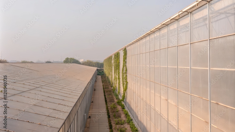 An exterior view of a futuristic factory building with solar film ...
