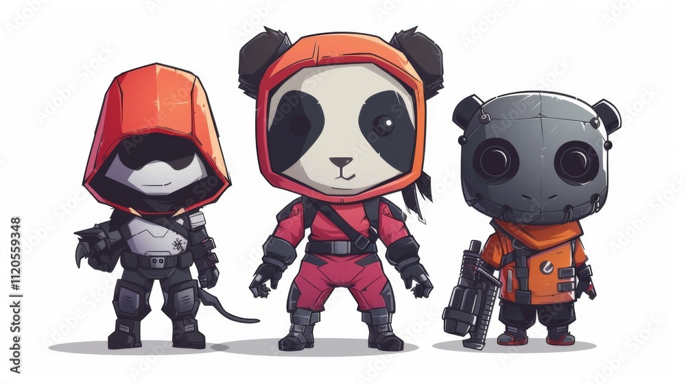 illustraction of techwear chibi panda ninjas robot mecha future ...