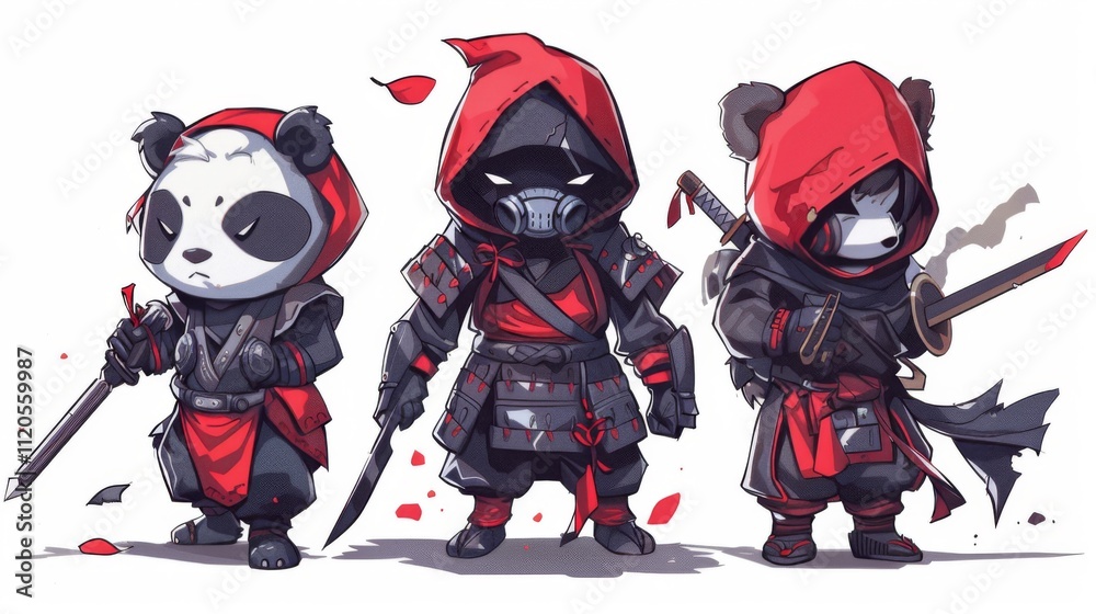 illustraction of techwear chibi panda ninjas robot mecha future ...