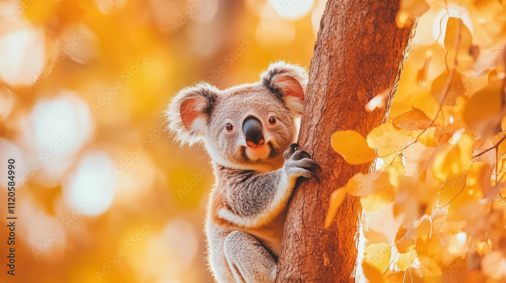 See a charming koala bear hugging a tree amidst stunning golden leaves ...