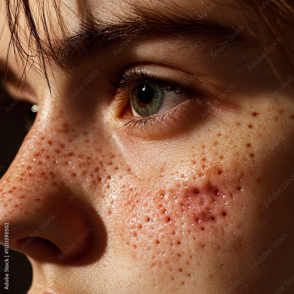 A close-up of a young woman's face. The face shows prominent scars and ...