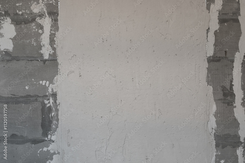 Uneven wall with gypsum plaster. Gray rough wall with plastered surface ...