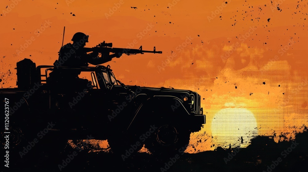 silhouette, soldier loading a heavy machine gun into a military vehicle ...