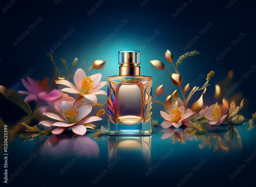 Elegant perfume bottle, adorned with colorful patterns, sits amidst ...