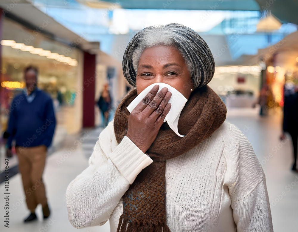 Black woman with gray hair sneezing into a tissue. Wearing white ...