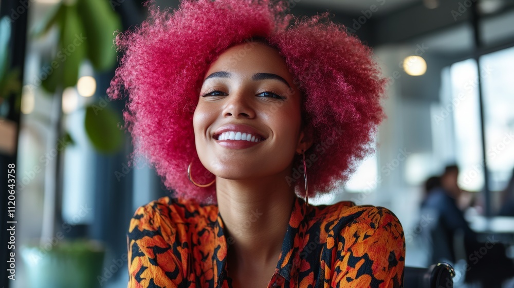 Colleague with pink afro hair beams with joy in a vibrant office ...