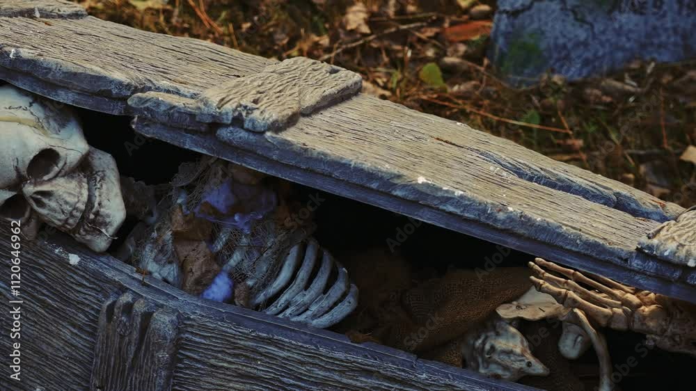 Human skeleton in wooden coffin. Cemetery and skeleton in the ground close up. Human remains ...