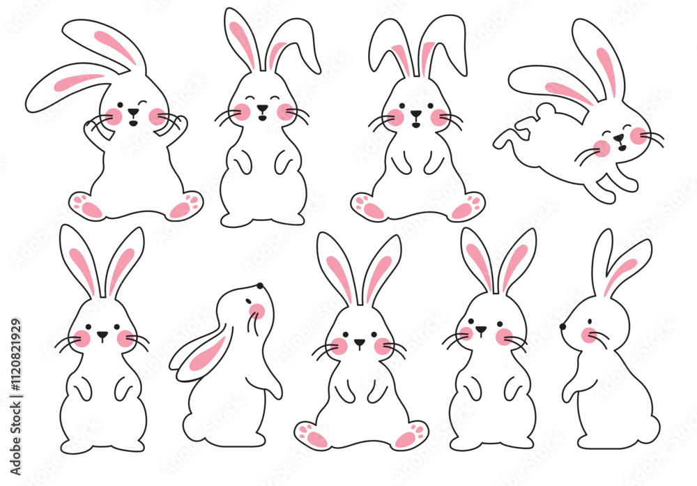 Bunny easter outline clipart set. Rabbit line drawing clip art flat ...