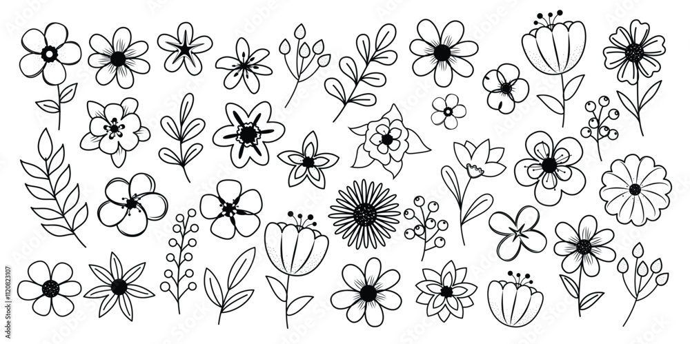 Flower spring outline drawing clipart set. Spring flowers flat clipart ...