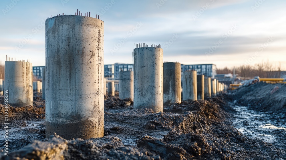 Industrial construction site with reinforced concrete piles foundation ...