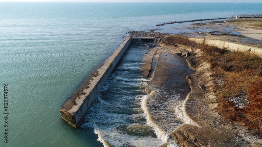 Water overflow and outflow channel at lake shore during bad weather ...