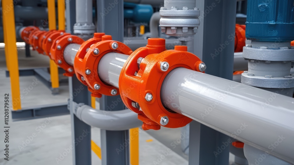 Industrial PVC pipe systems with orange connections and fittings in a ...