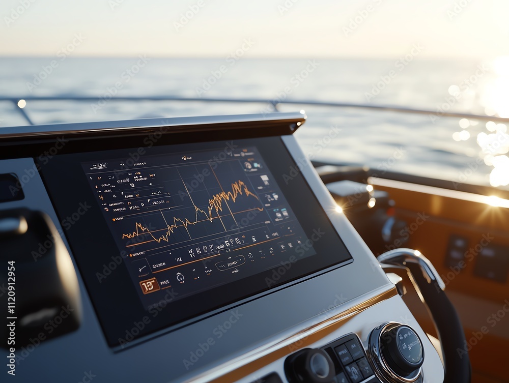 Motorboat GPS Control Panel A highresolution display showing nautical charts, waves reflecting ...
