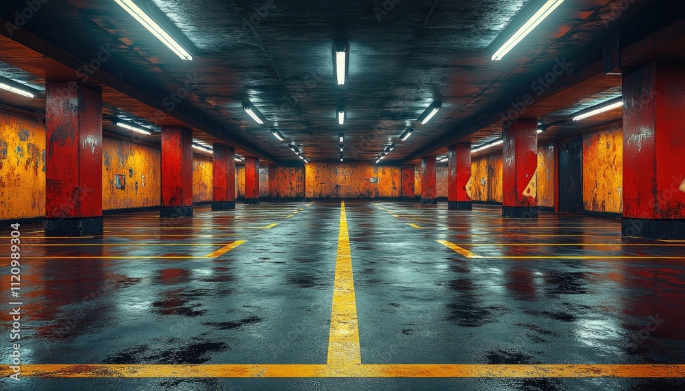 Empty, wet parking garage with rusty pillars and yellow lines. Perfect ...