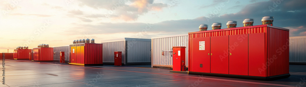 Power generators in modern industrial setting, showcasing red units ...