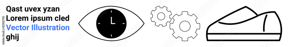Clock-marked eye, two interlocking gears, outline of sneaker, and text ...