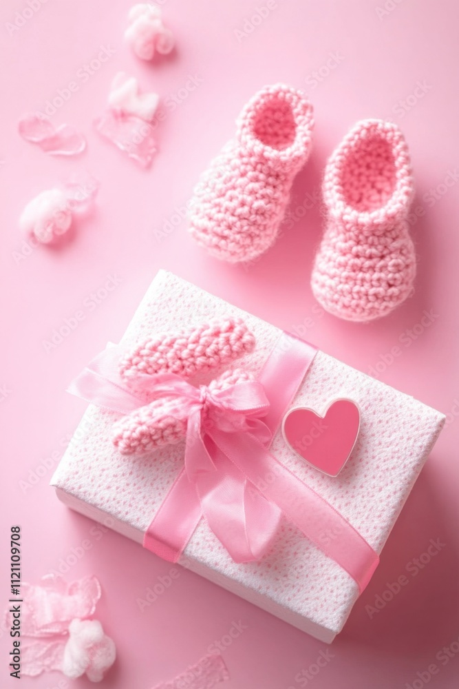 Pink baby shower gift box with ribbon- crocheted booties- and heart on ...