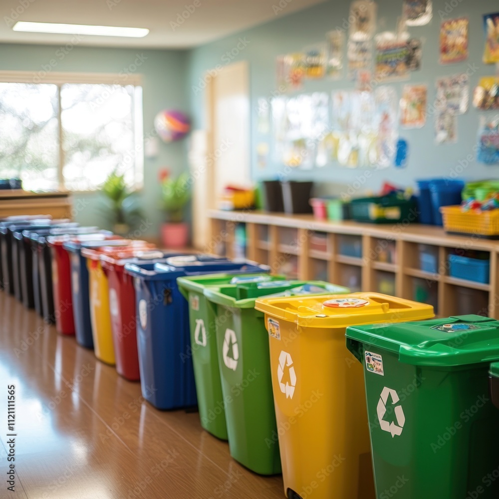 A classroom with colorful recycling bins for waste separation and ...