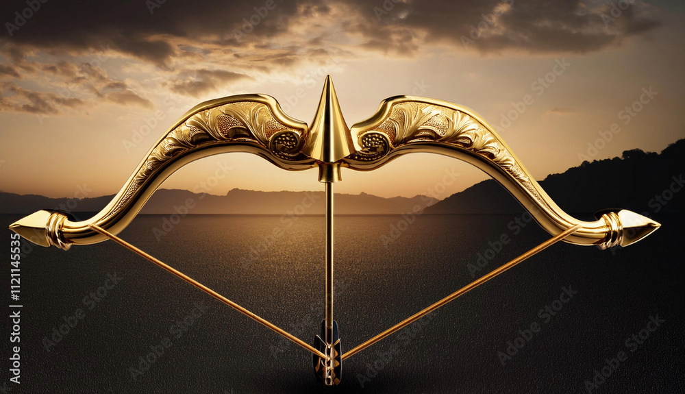 Golden bow and arrow with a transparent background, symbolizing the ...