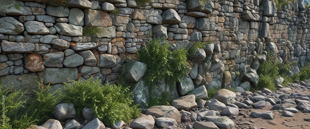 Remains of a medieval fortress wall with seaweed-covered stones ...