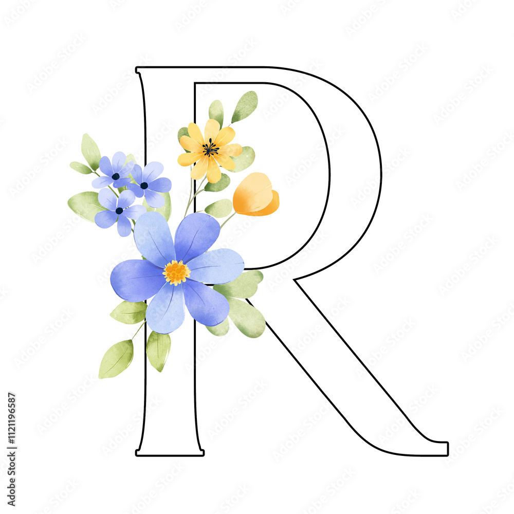 Alphabet with flowers, letter R. Floral monogram, initial perfectly for ...