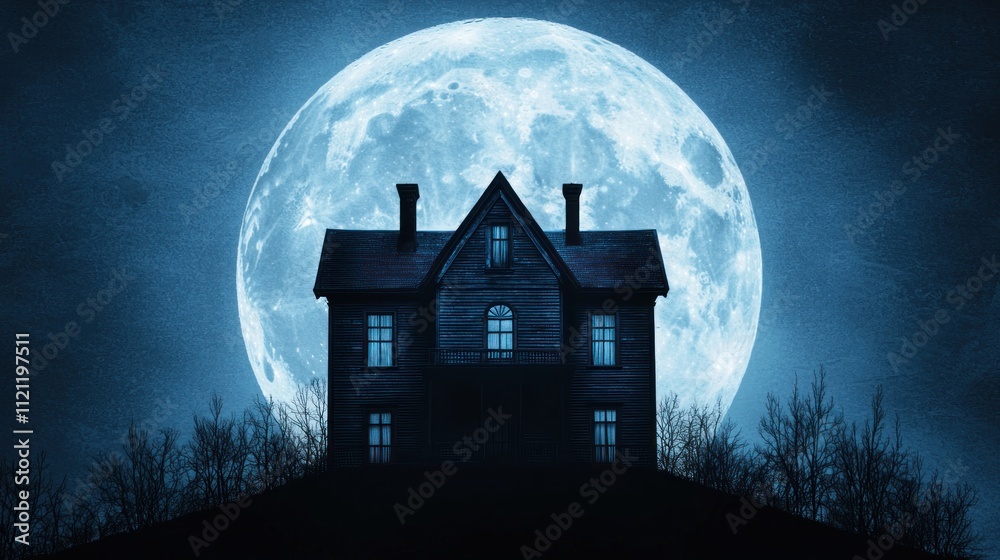 Eerie haunted house under full moon spooky night setting digital art ...