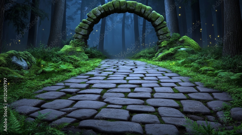 Enchanted Forest Path: A winding cobblestone path leads through a ...